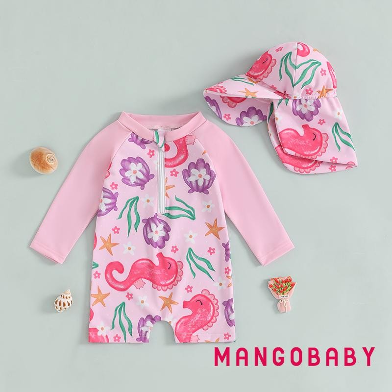 MANGO-Toddler Girl Rash Guard Swimsuit Floral Print Long Sleeve Mock ...
