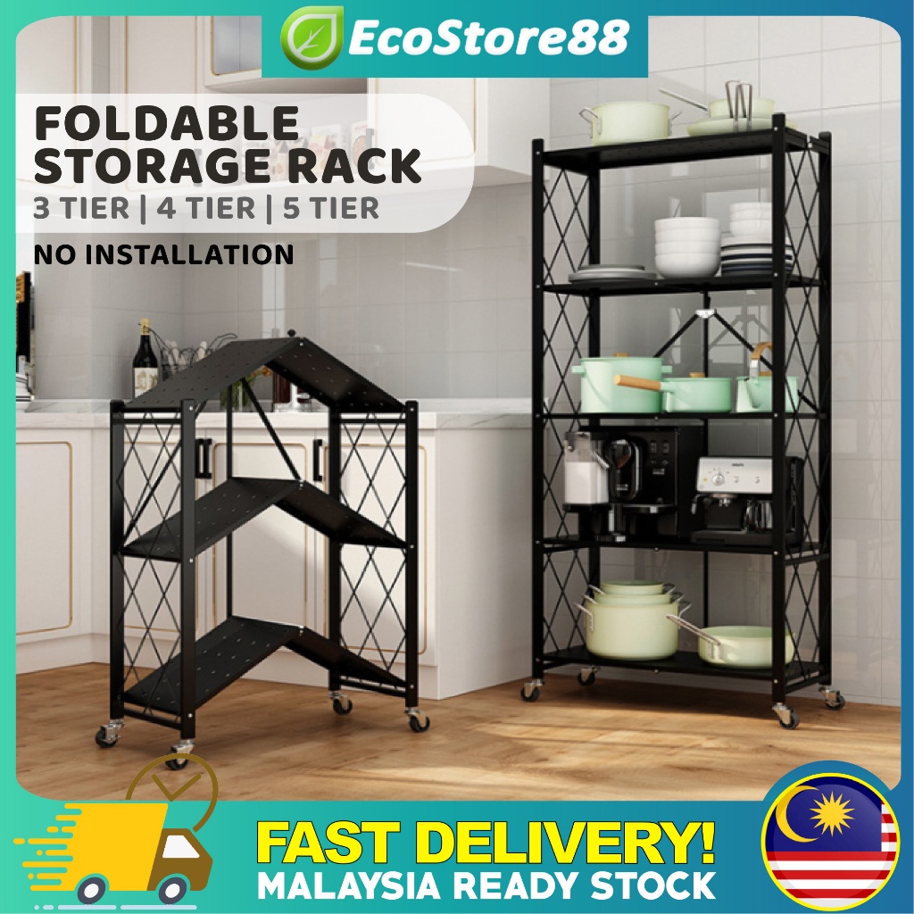 Rak 3/4/5 Tier Foldable Storage Rack With Wheels Rak Dapur Besi ...