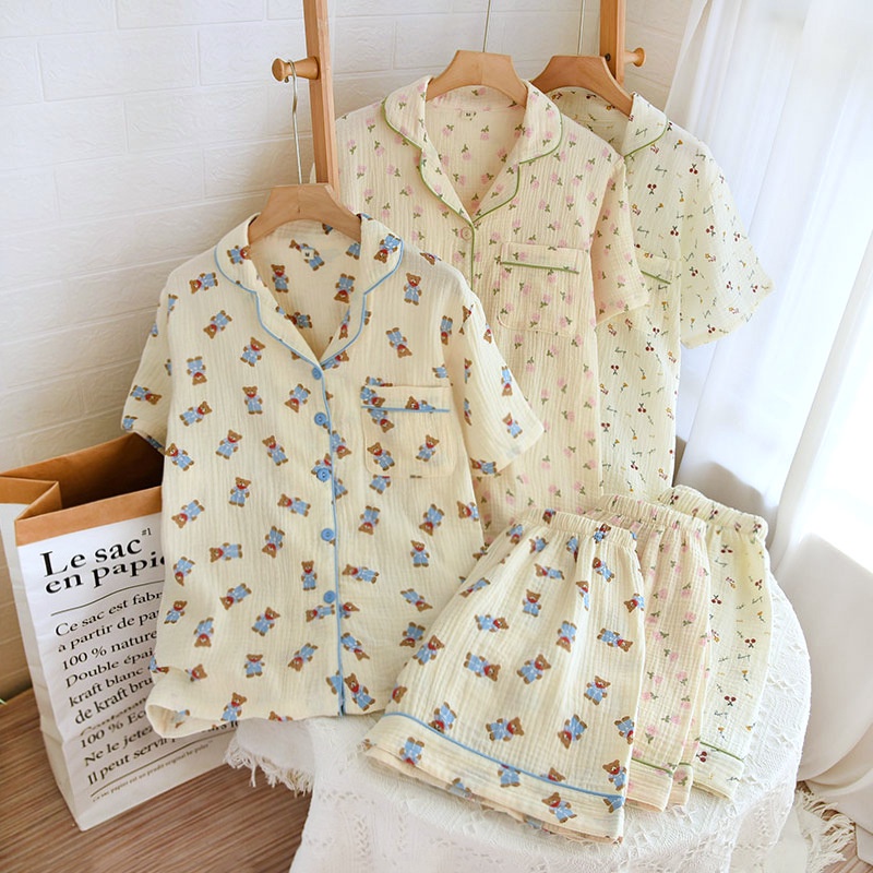 [Ready Stock] Women 100% Cotton Crepe Short Sleeve Shorts Pajamas Set ...