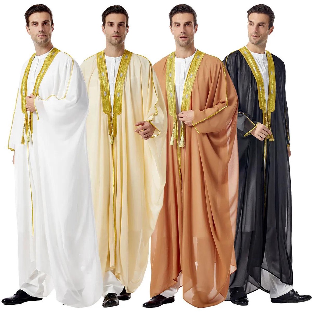 Muslim Men's Robe Golden Tassel Chiffon Arabic Abayas Embroidered ...