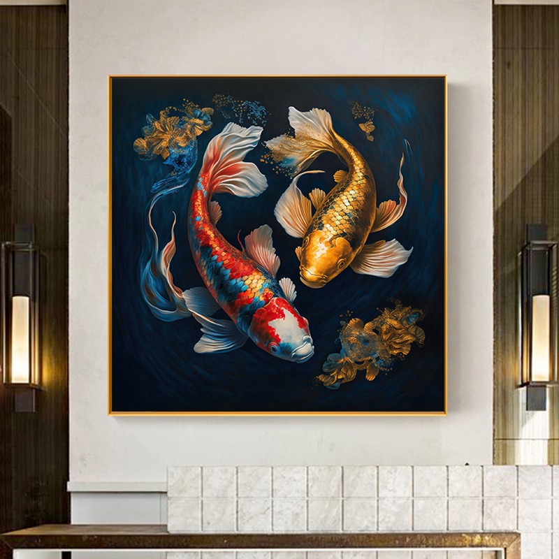 （With Frame）New Year Decor Modern Chinese Abstract Nine Koi Fish ...
