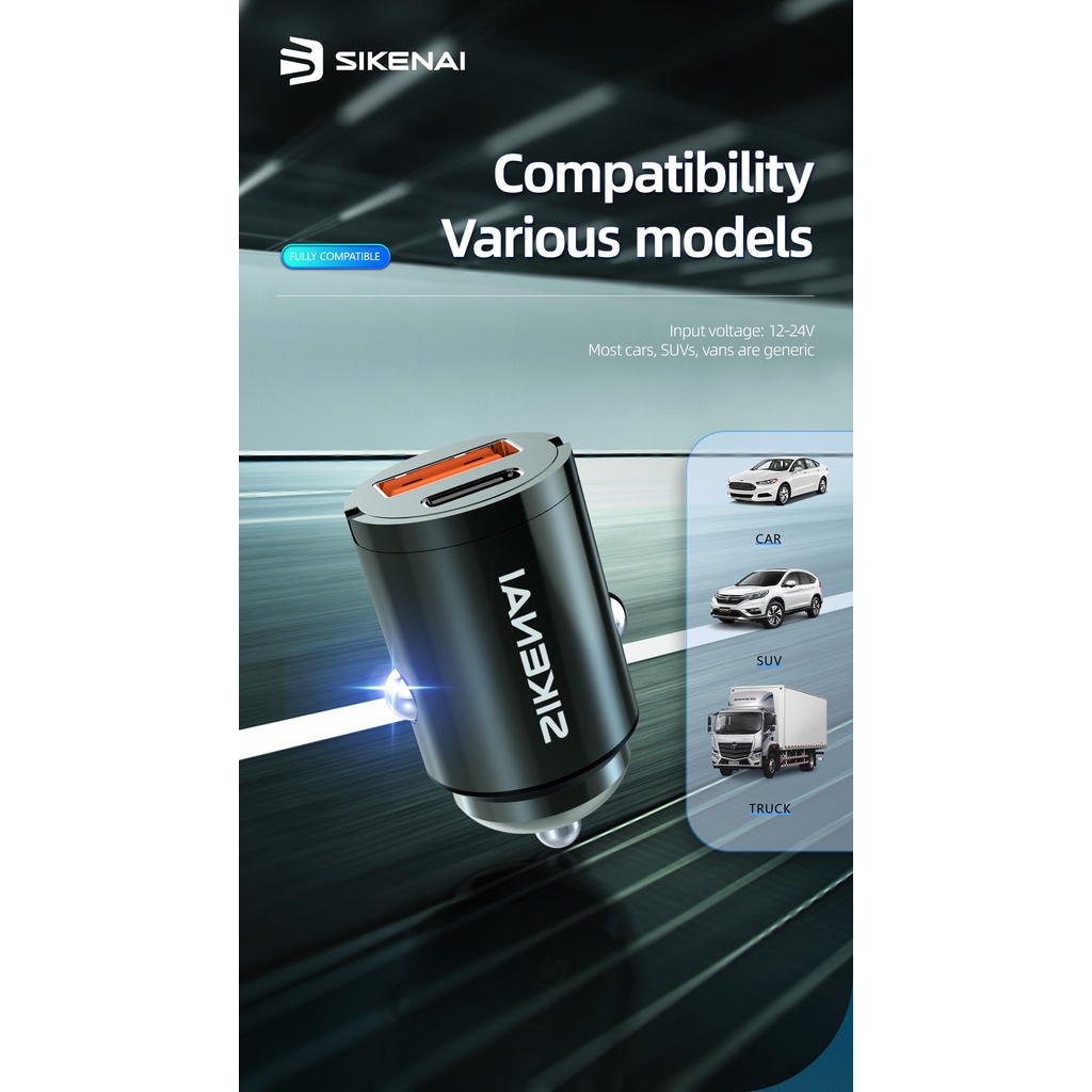SIKENAI C28 30W USB + Type-C Dual Port Fast Charge Car Charger High ...