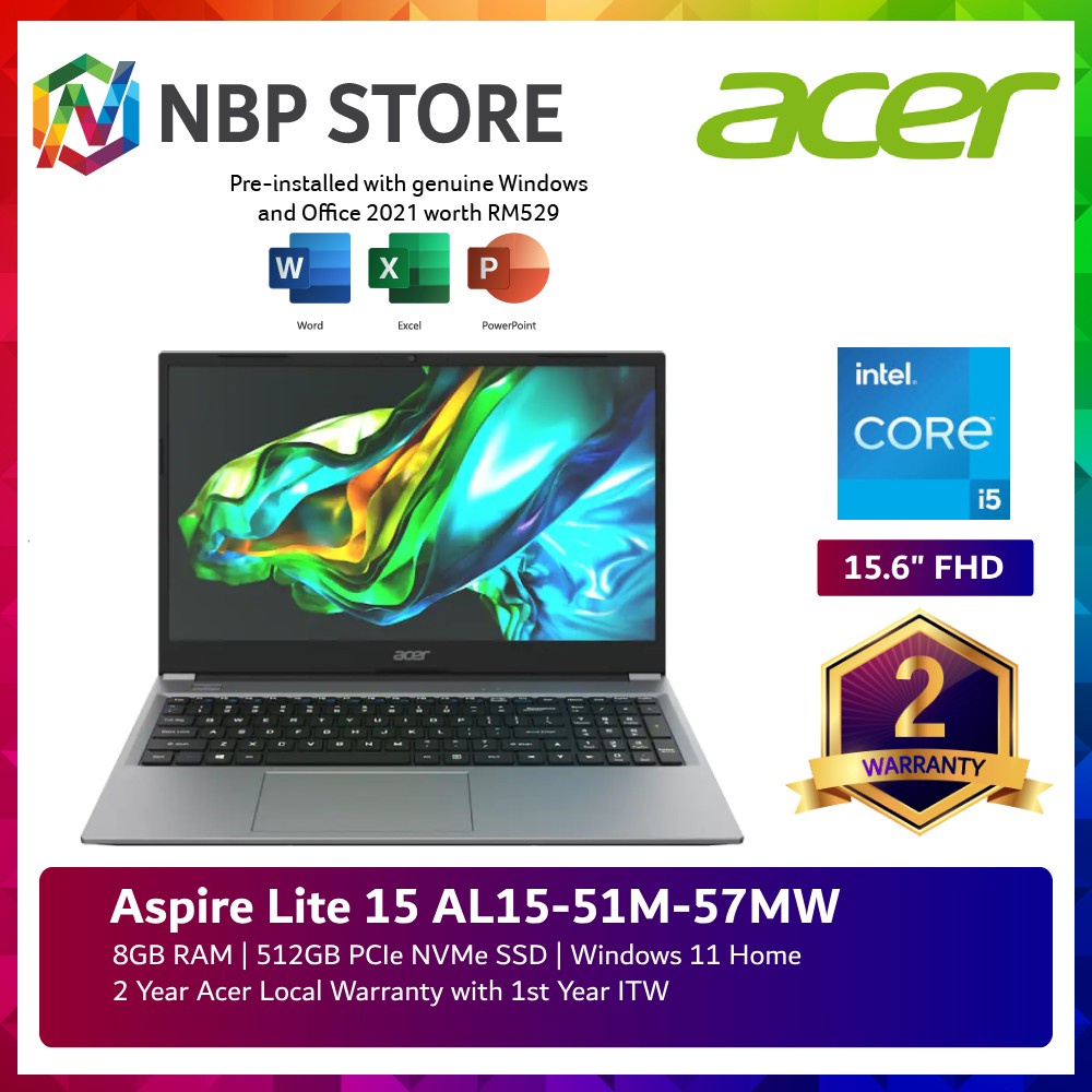 Acer Aspire Lite 15 AL15-51M-57MW 15.6'' FHD Laptop Steel Grey ( I5-1155G7, 8GB, 512GB SSD ...