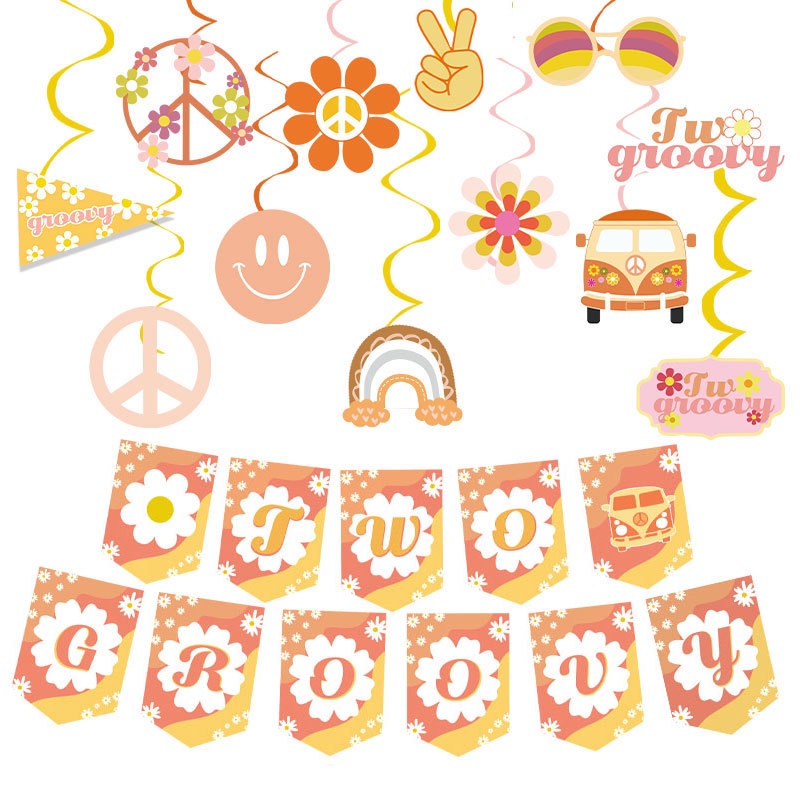 Hippie Theme Retro Two Groovy Baby One Year Old Spiral Charm Pull Flag ...