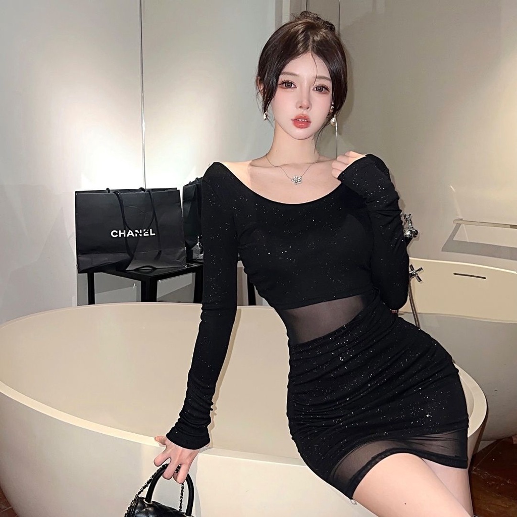 Insker-Sexy Mesh Fine Glitter Black Skirt Slim Hip-hugging Short Dress ...