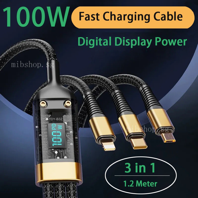 100W Digital Display Super Fast Charge Cable 3 in 1 Transparent Data ...