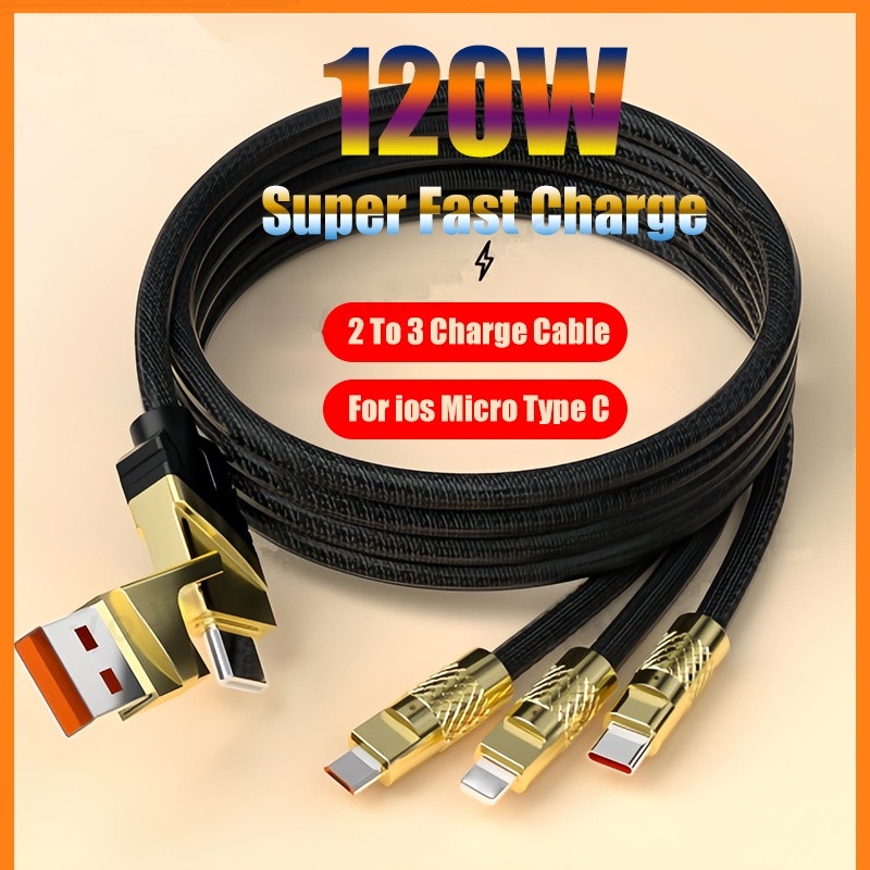 2 in 3 120W Fast Charging Cable With Indicator Light Nylon Braided Data ...