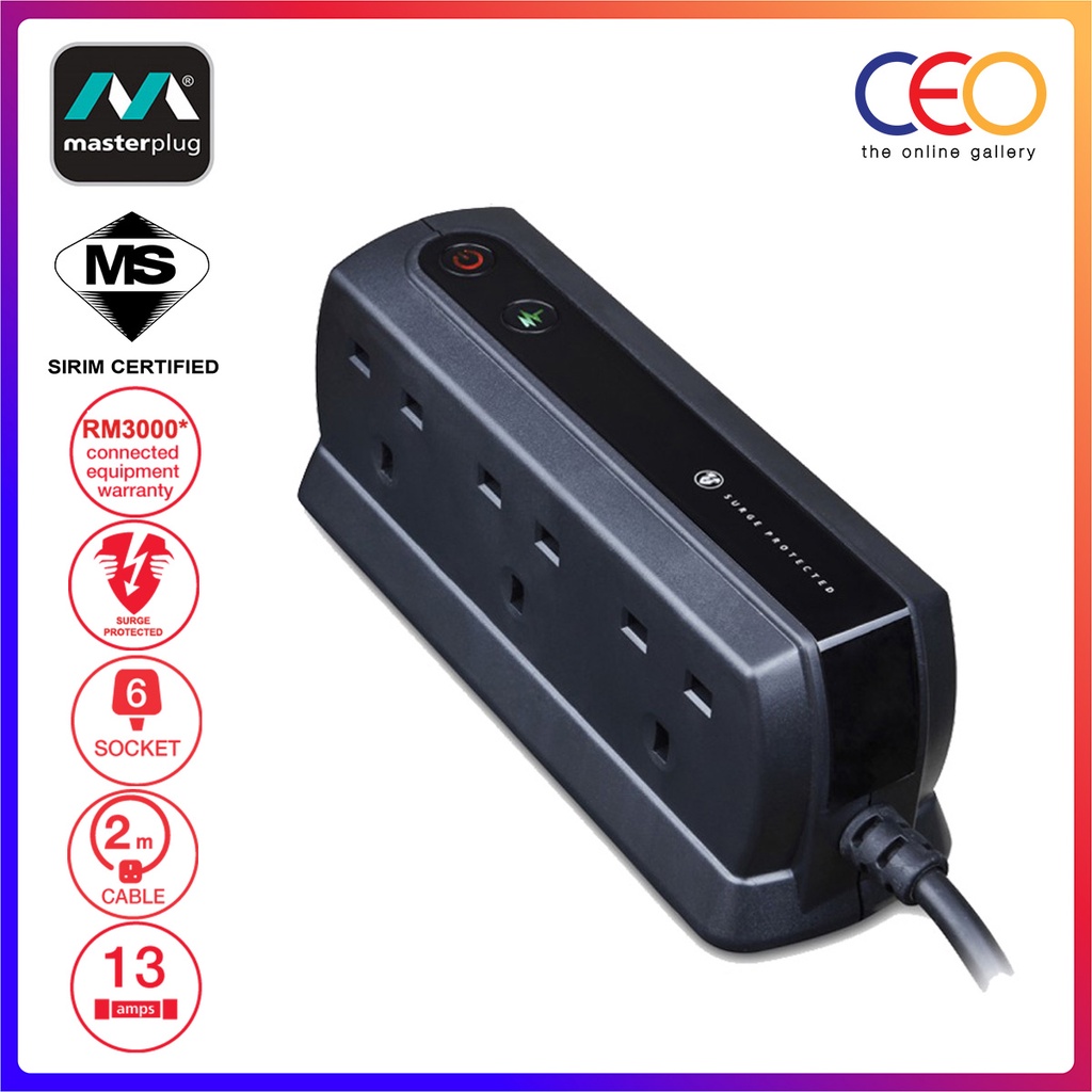 Masterplug Surge Protector 6 Gang 2 Meter Extension Leads Matte Compact Safety Shuttered Sockets ...