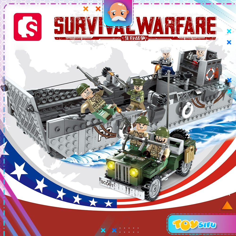 Sembo Block 207053 Survival Warfare Series Ship Military Jeep Garage ...