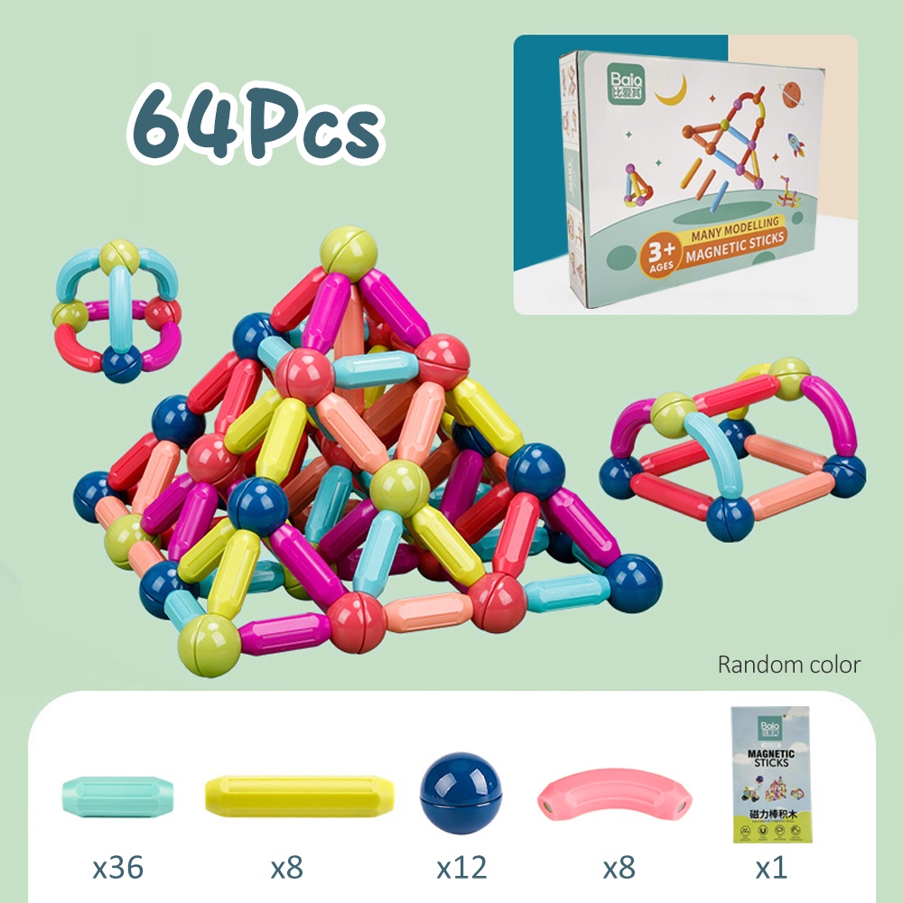 Bevavar 64PCS Kids Magnetic Stick Balls Building Toy Blocks 3D Geometry ...