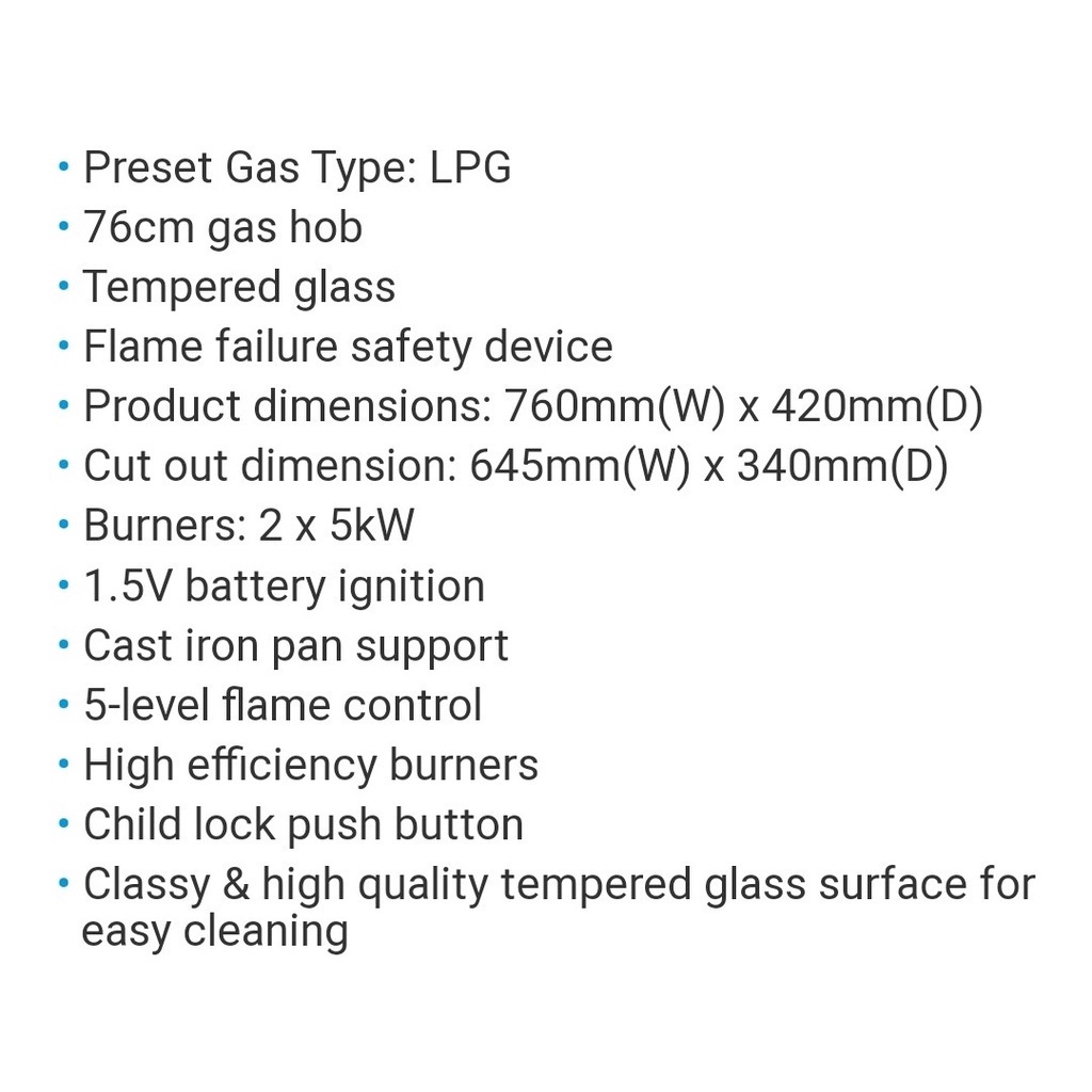 Midea MGH-76Q60B 2 Burner Built-In Glass Cooker Gas Hob (5.0kW) MGH ...
