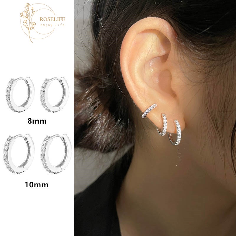 Roselife 8mm/10mm Elegant S925 Silver Crystal Round Hoop Earrings for Women Daily Wear ...