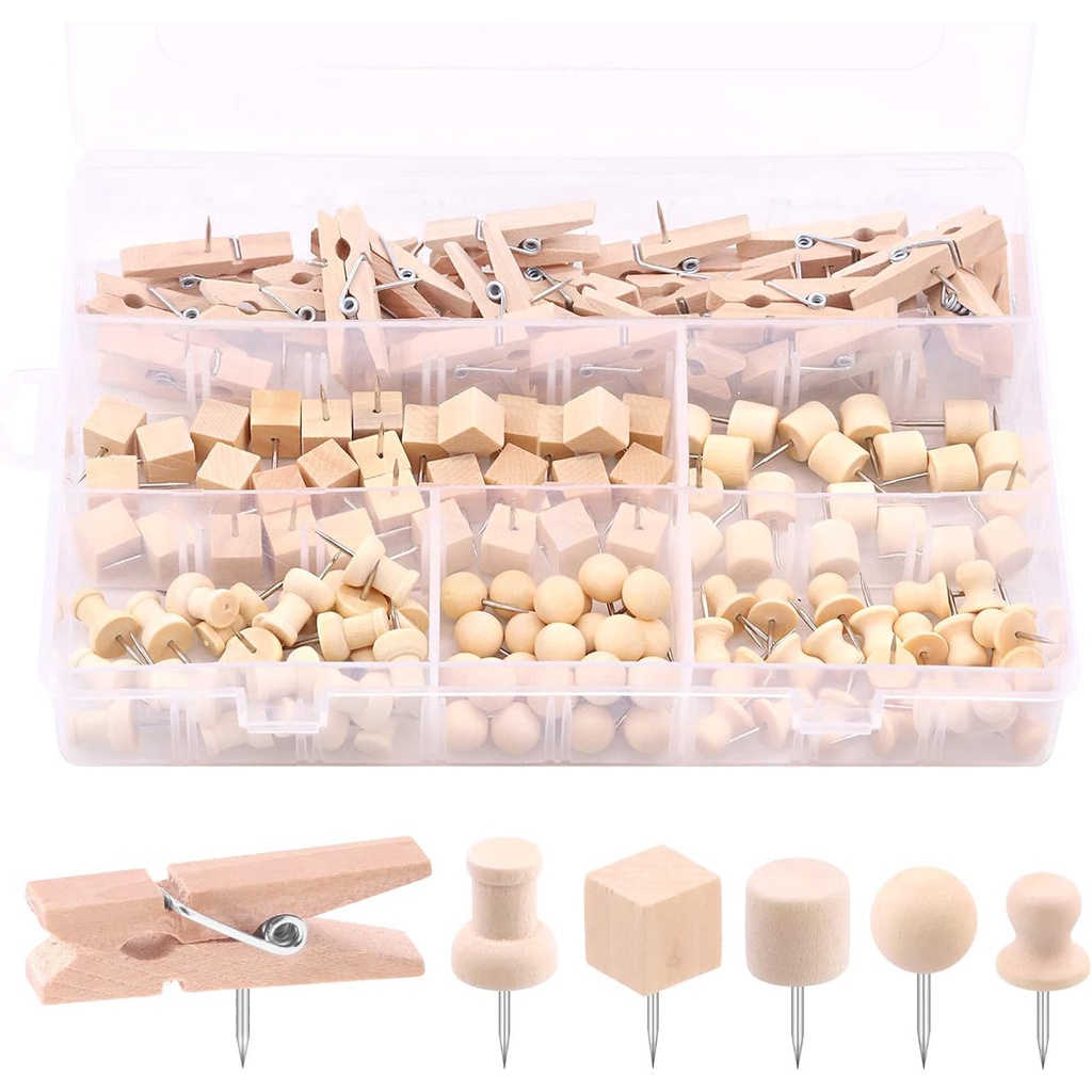 Wooden Push Pins Set of 135 Pieces Including Storage Box - Push Pins ...