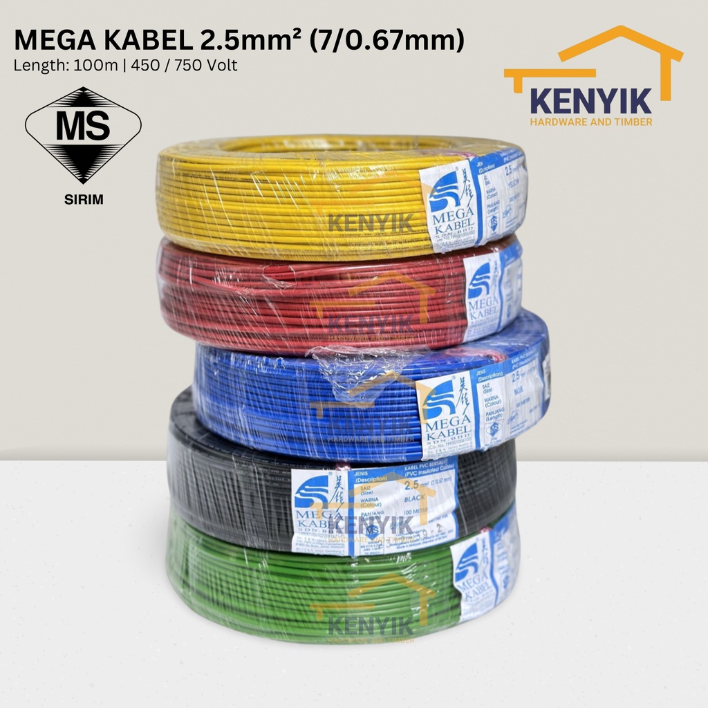 MEGA KABEL [100m] 2.5mm Insulated PVC 100% Pure Copper Cable (SIRIM ...