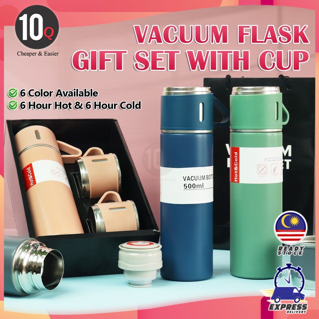 10Q Premium Vacuum Flask Bottle Gift Set 500Ml 304 Stainless Steel Thermal with 3 Cup Portable ...
