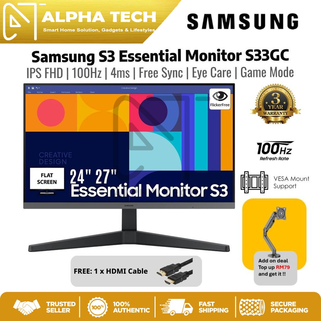 Samsung S3 (S33GC) Essential Monitor 24" & 27 " IPS FHD, FreeSync ...