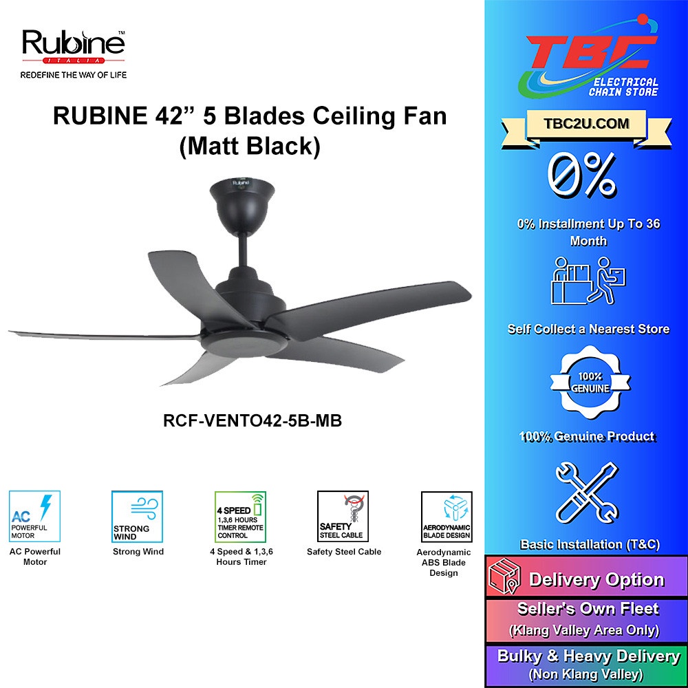 RUBINE RCF-VENTO42-5B-MB 42 5 Blades Ceiling Fan (Matt Black) | Shopee Malaysia