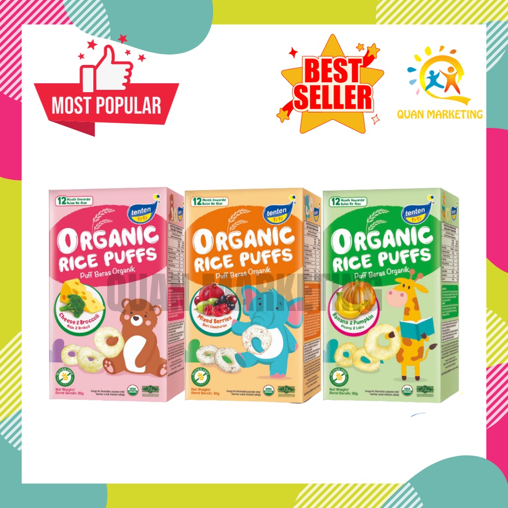 TenTen Organic Rice Puffs 30g - Cheese & Broccoli / Mixed Berries / Banana & Pumpkin - For 12 ...
