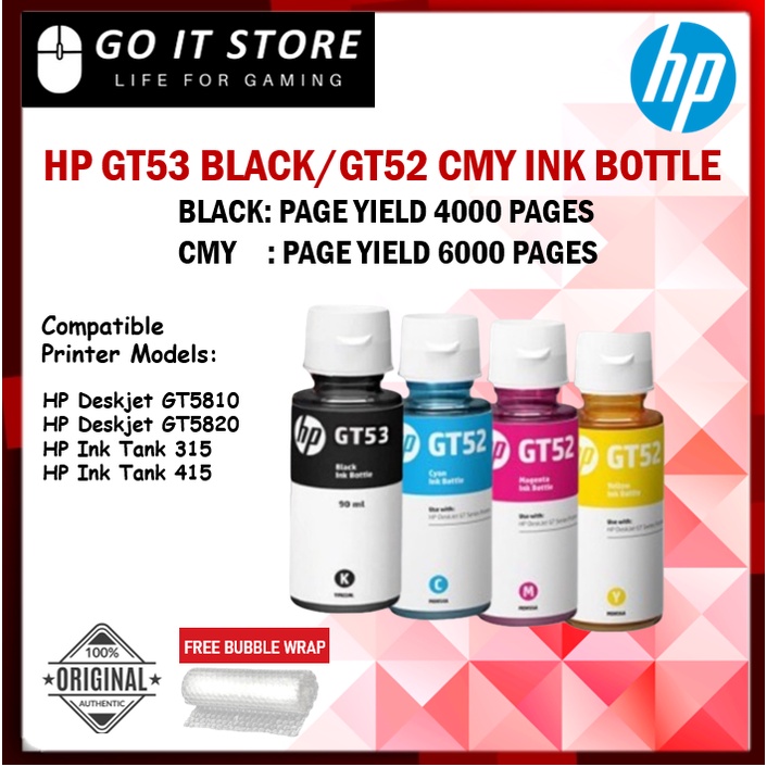 HP GT53 Black & GT52 CMY ORIGINAL INK BOTTLE for GT5810 GT5820 315 415 ...