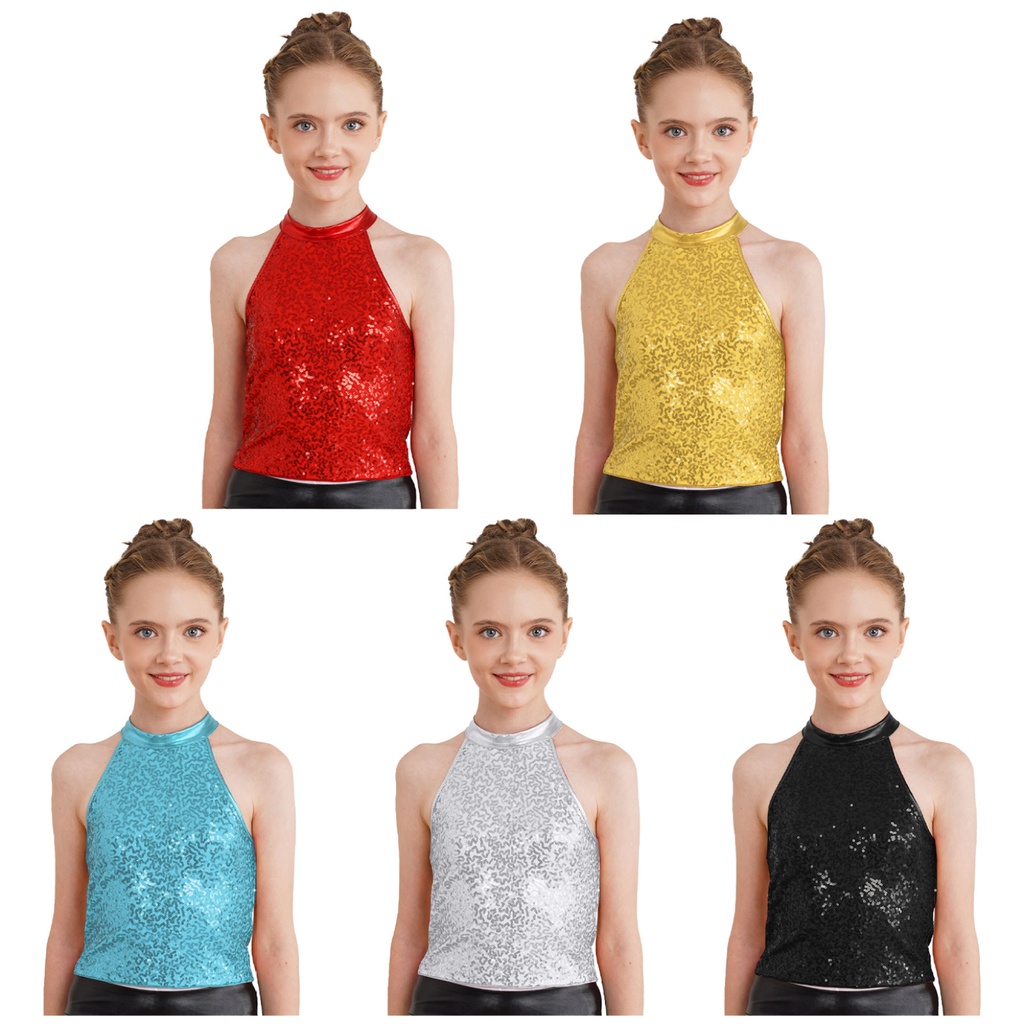 Kids Girls Sparkling Sequin Halter Crop Top Sleeveless Backless Tops ...