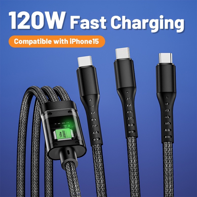 120W 3 in 1 Super Charging Cable 6A Micro USB Type C Braided Fast ...