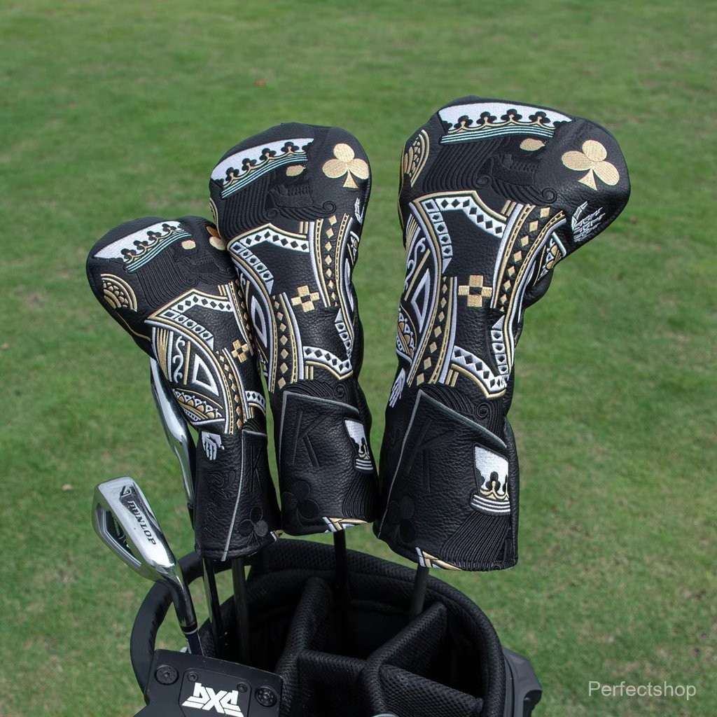 Black King Premium Leather Golf Head Cover Elegant Embroidery GolfClub ...