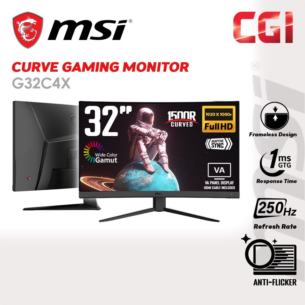 MSI 31.5" G32C4X VA FHD Adaptive Sync 250Hz 1ms HDR Curved Frameless ...