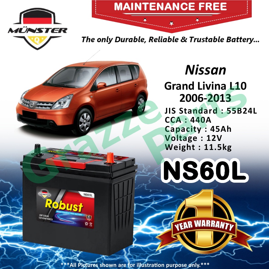 Münster Robust MF CMF NS60L | 55B24L (45AH) Car Battery Bateri Kereta for Nissan Grand Livina ...