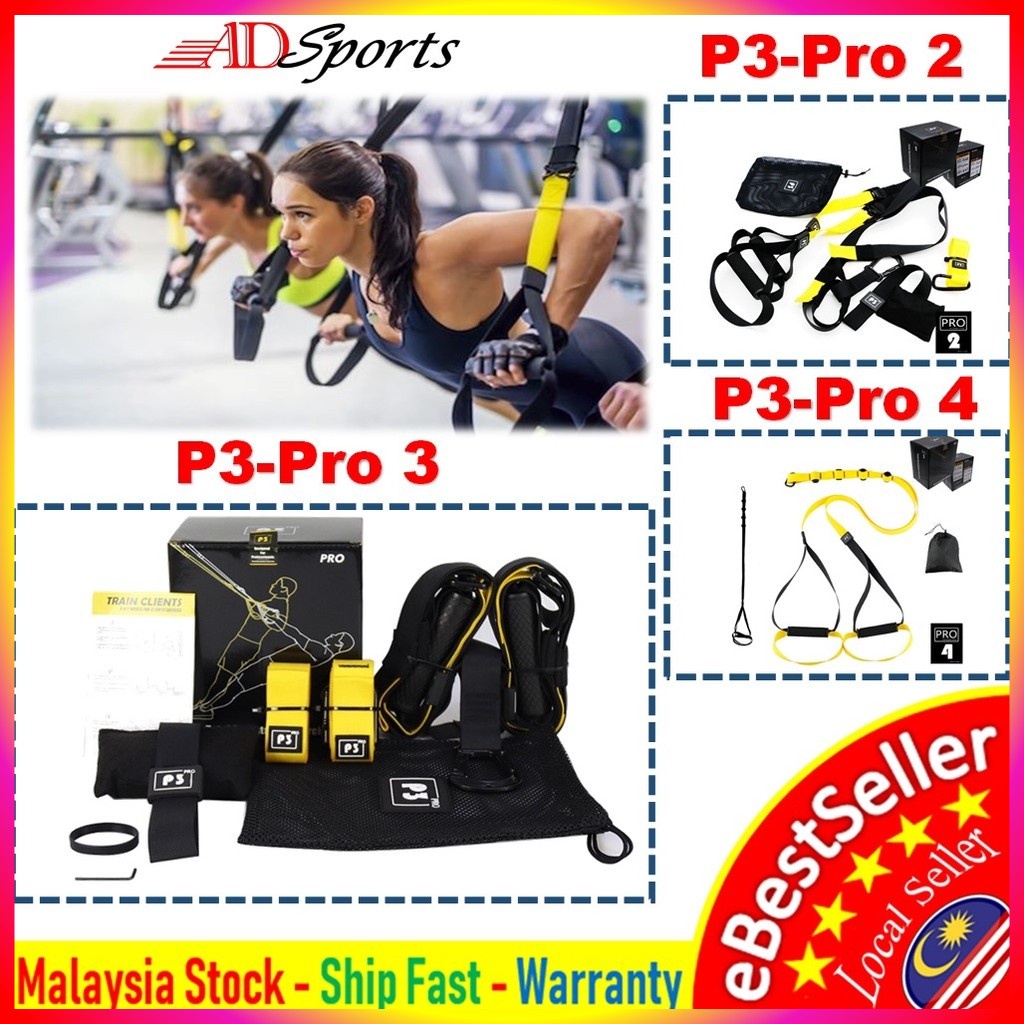 ADSports TRX P3 PRO 2/3/4 Gym Suspension Straps Handles Exercise Bands Rope Training Kit System ...