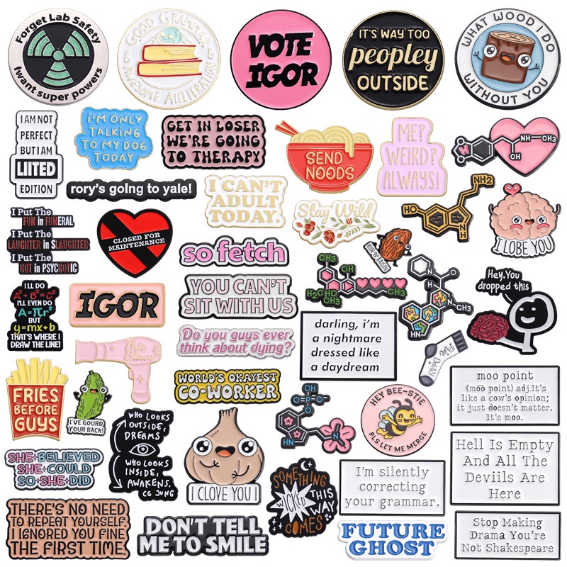 50 Styles of Cartoon Text Short Sentence Enamel Brooch Chemical ...