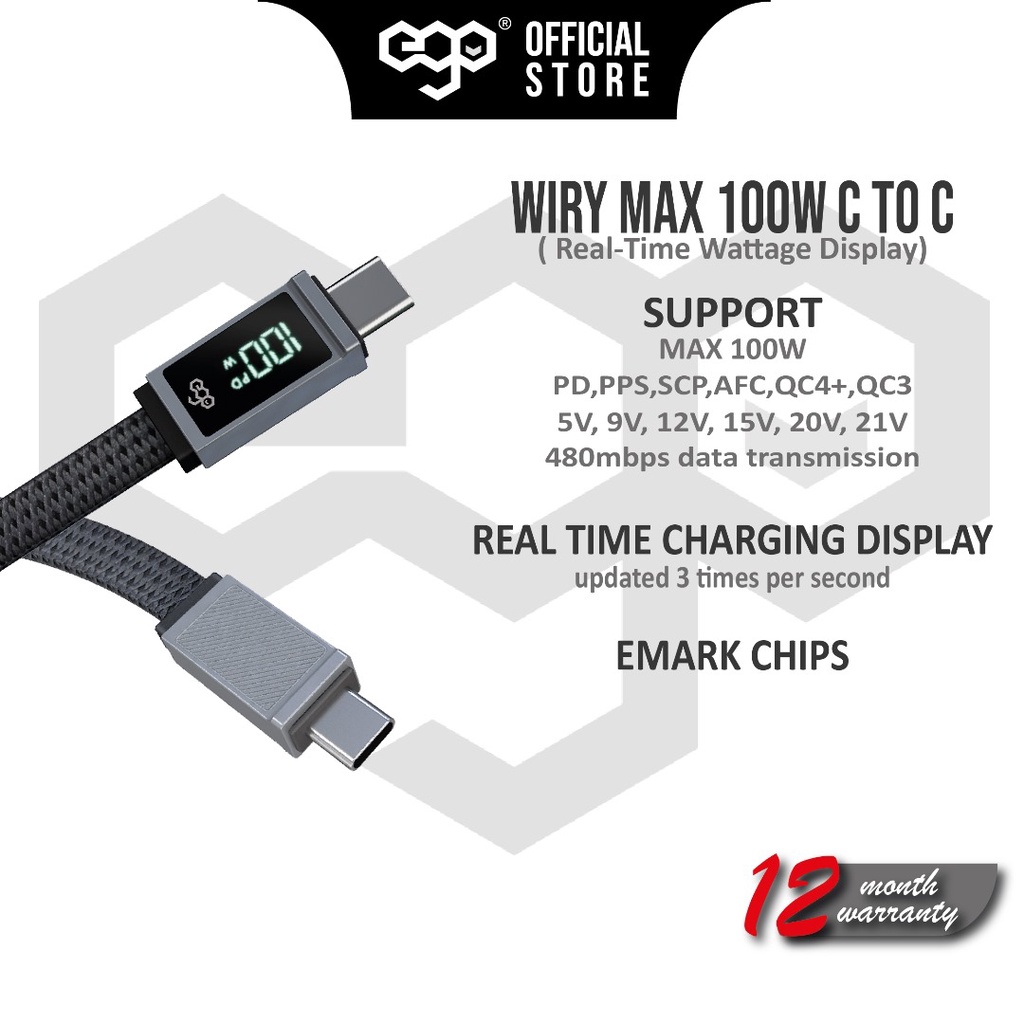 EGO CCRT Wiry Max 100W PD Real-Time Wattage Display C To C Cable ...
