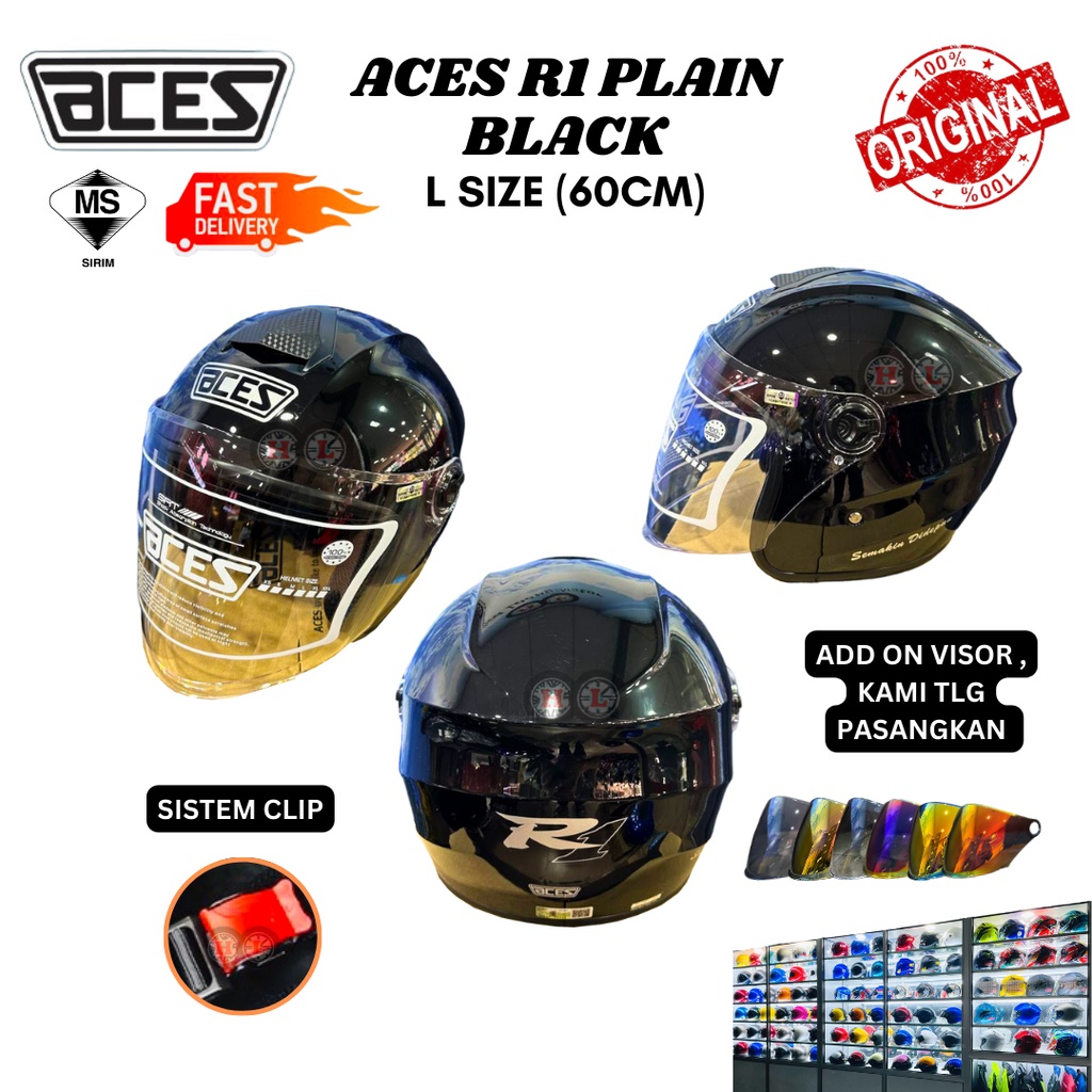ACES R1 HELMET PLAIN COLOR (Helmet Open Face Aces R1 Siap Visor Clear ...
