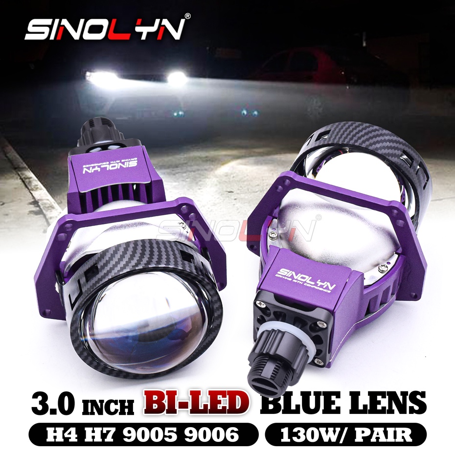 Sinolyn 2 PCS 3" 130W Blue Bi LED Projector Headlamp Lens H4 H7 H1 9005 9006 Hella 3R G5 Carbon ...