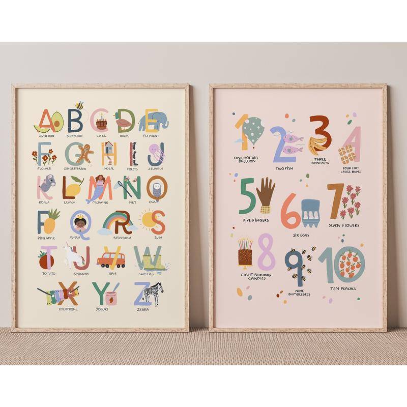 Kids Alphabet and Numbers Set Prints | Alphabet canvas painting ...