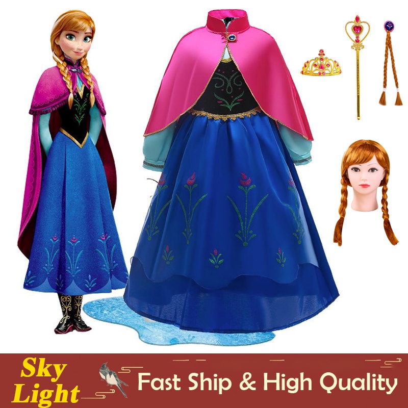 Princess Anna Costume For Kids Girl Frozen Pink Blue Dress Halloween ...