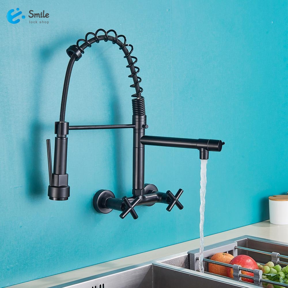 Black Kitchen Faucet Dual Handles Hot Cold Water Kitchen Mixer Tap Wall ...