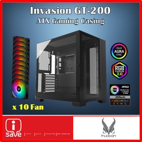 INVASION GT-200 ATX CASING / CASE / CHASSIS BLACK WITH 10 ARGB FAN ...
