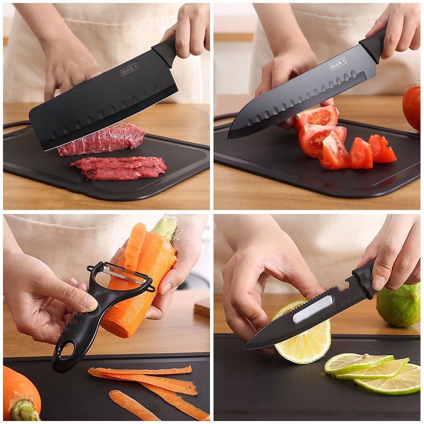 【ready stock】（7in1） Black Steel Nonstick Kitchen Knife Set Dapur Pisau ...