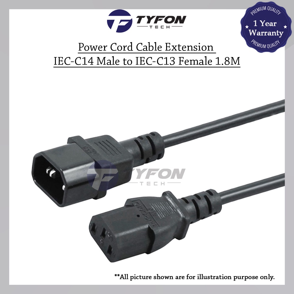 Power Cord Cable Extension IEC-C14 Male to IEC-C13 Female 1.8M | Shopee ...