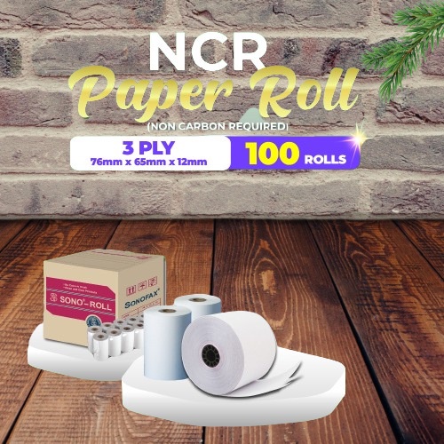 ncr roll 3 ply / 76mm x 65mm x 12mm 100 roll white / ncr receipt roll ...
