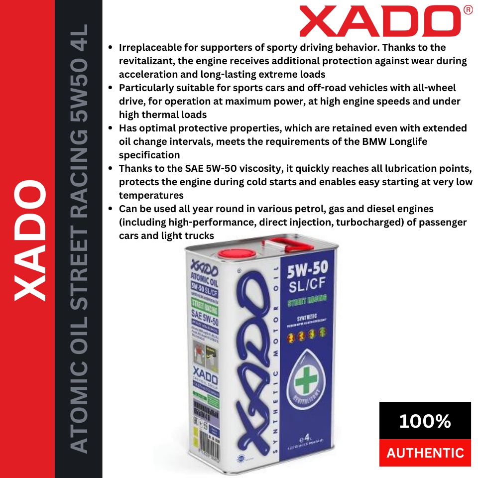 XADO ENGINE OIL 5W50 - SL/CF STREET RACING ENGINE OIL 4LITER | Shopee ...