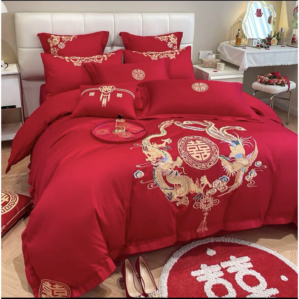 4in1 Cotton Long Fong Wedding Red Fitted Bedsheet with Quilt Cover ...
