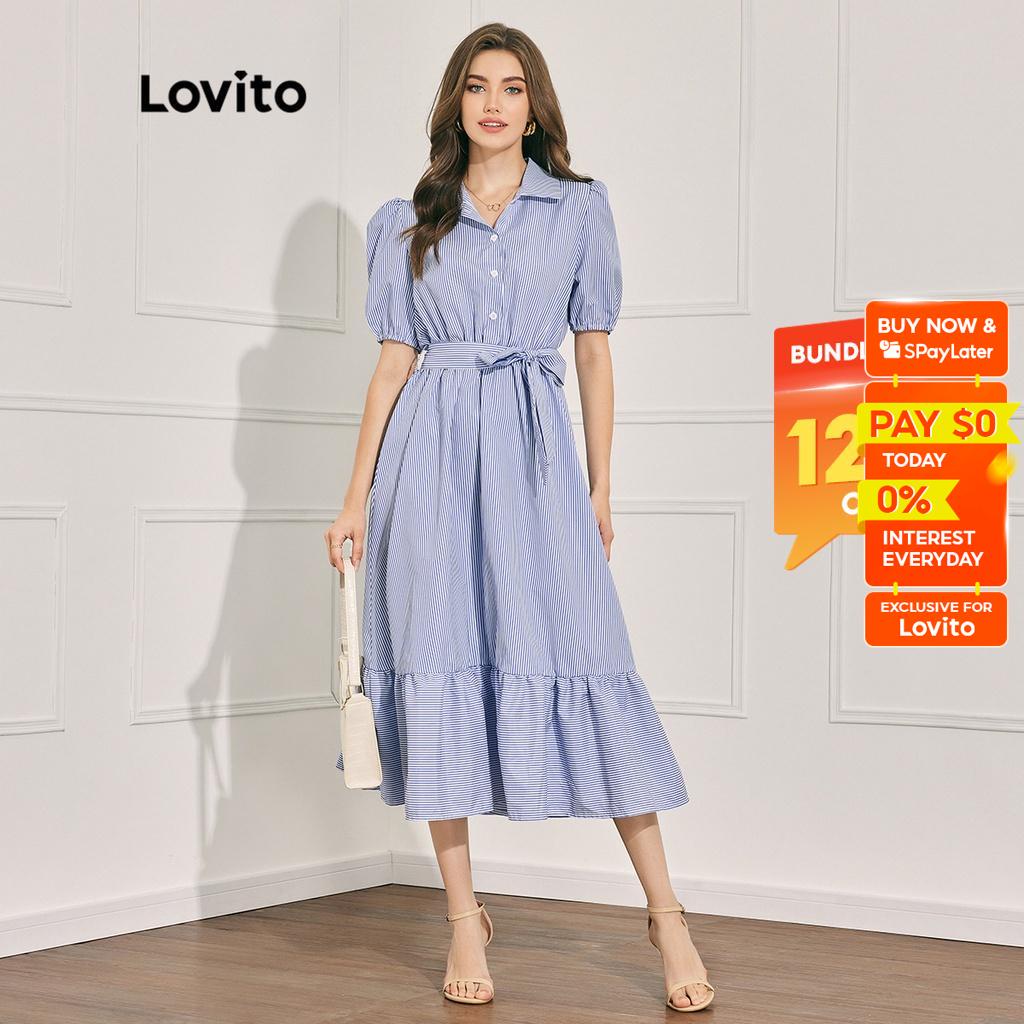 Lovito Casual Striped Button Front Ruffle Hem Lace Up Puff Sleeve Dress ...