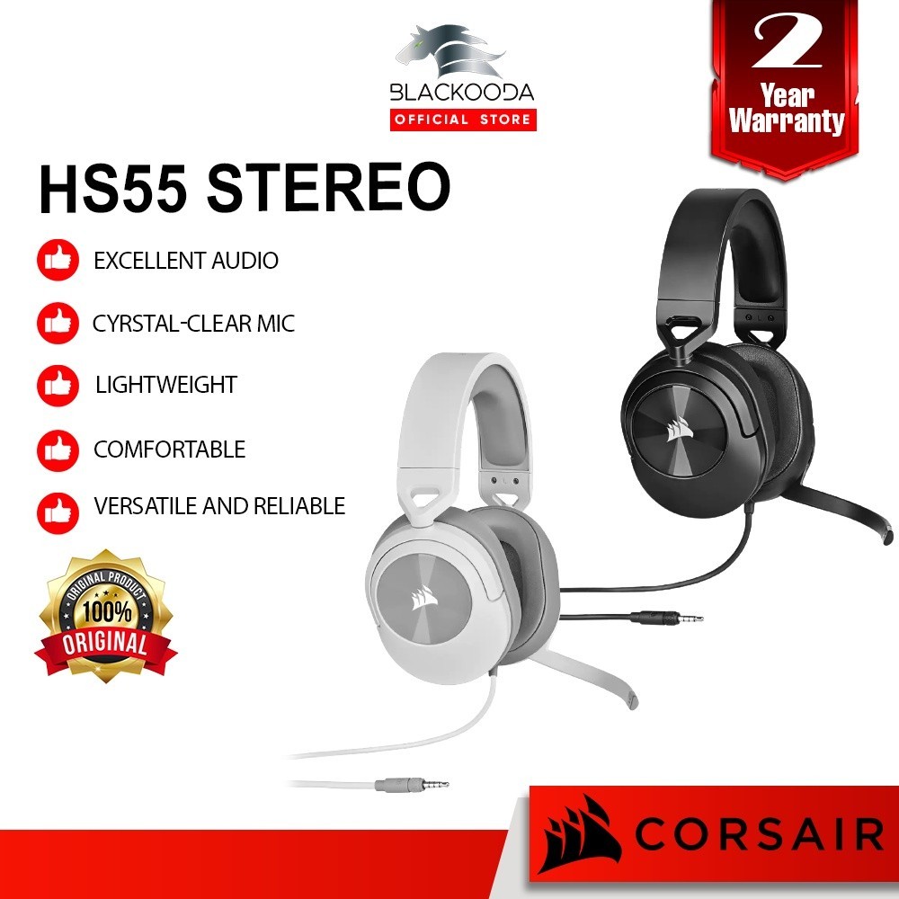 Corsair HS55 STEREO / SURROUND series Wired Gaming Headset - [ CARBON / WHITE ] | Shopee Malaysia
