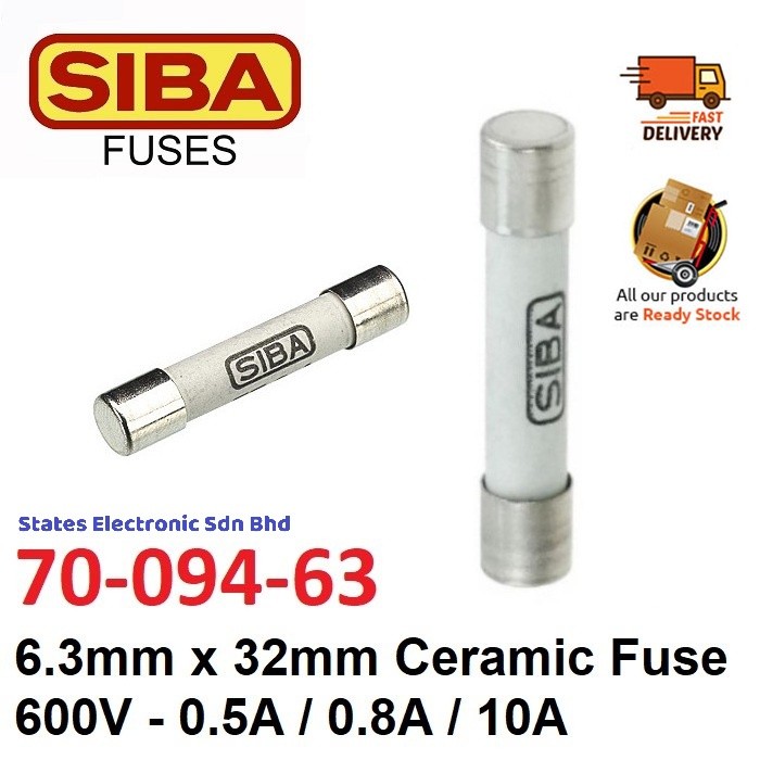 SIBA 6.3mm x 32mm 0.5A / 0.8A /2A/ 10A 600V Ceramics Fuse (70-094-63 ...