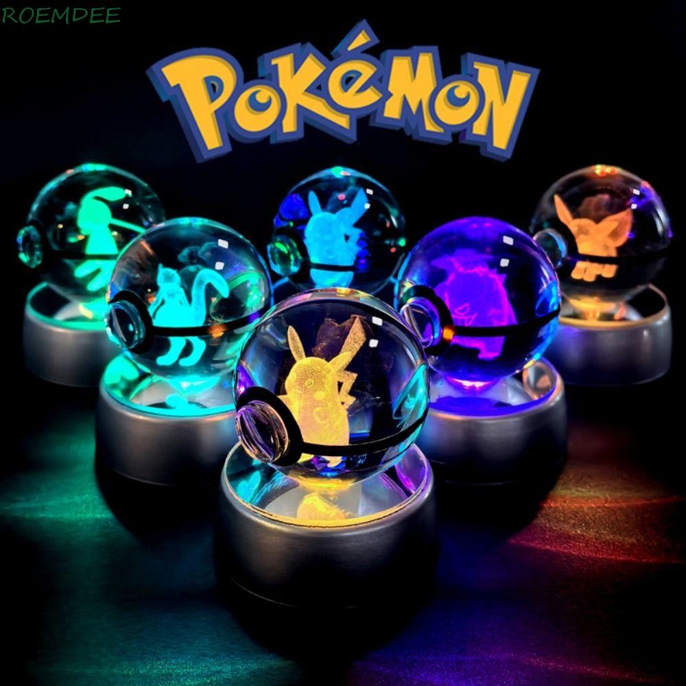 ROEMDEE 3D Crystal Ball, Gengar Mew Night Light Pikachu Glass Ball ...