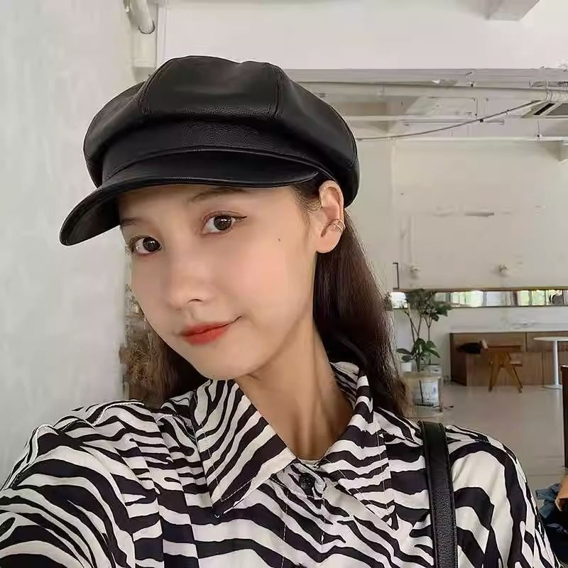 Influencer Black Leather New Style Hat Female Big Head Circumference ...