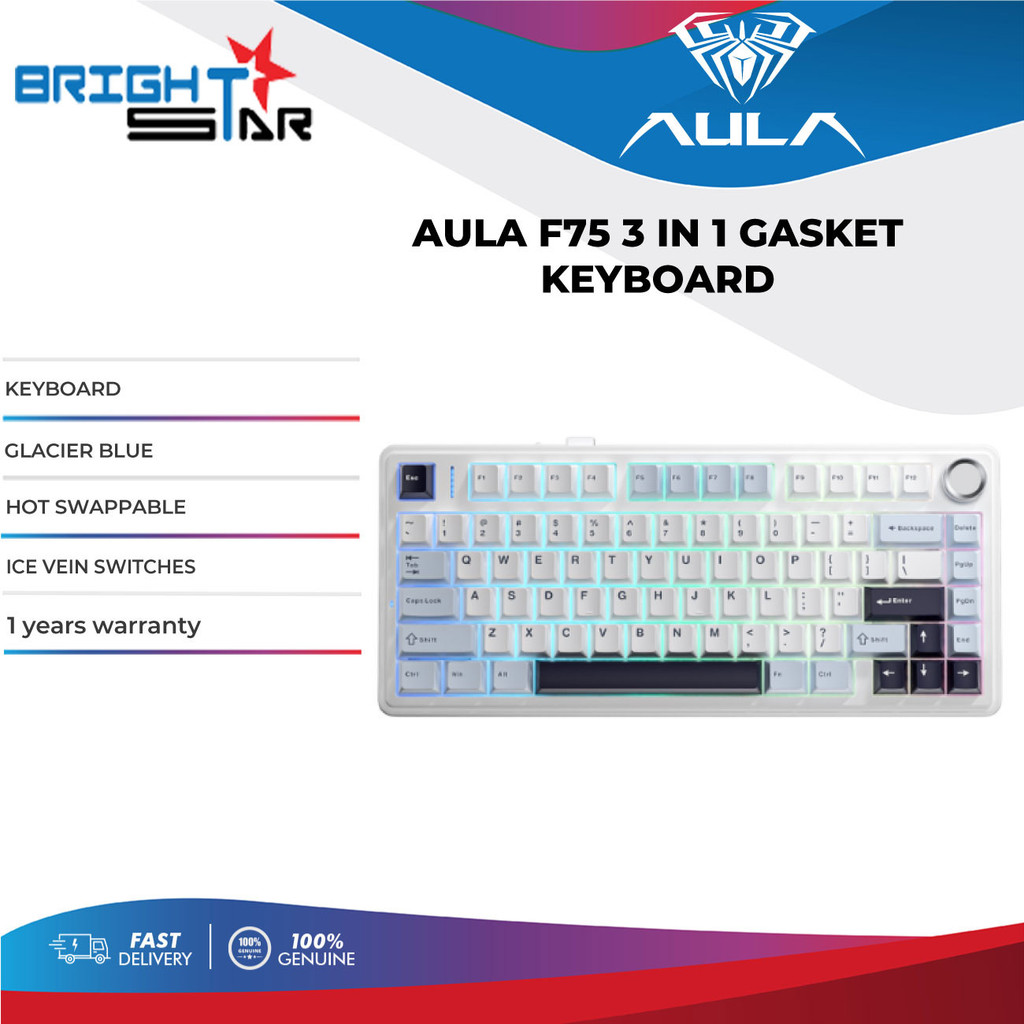 AULA F75 3-in-1 Gasket Mount 75% Mechanical Keyboard Glacier Blue - Ice ...