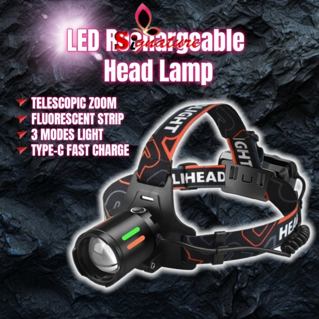Telescopic Zoom Headlamp With Warning Red Light Type-C Rechargeable ...