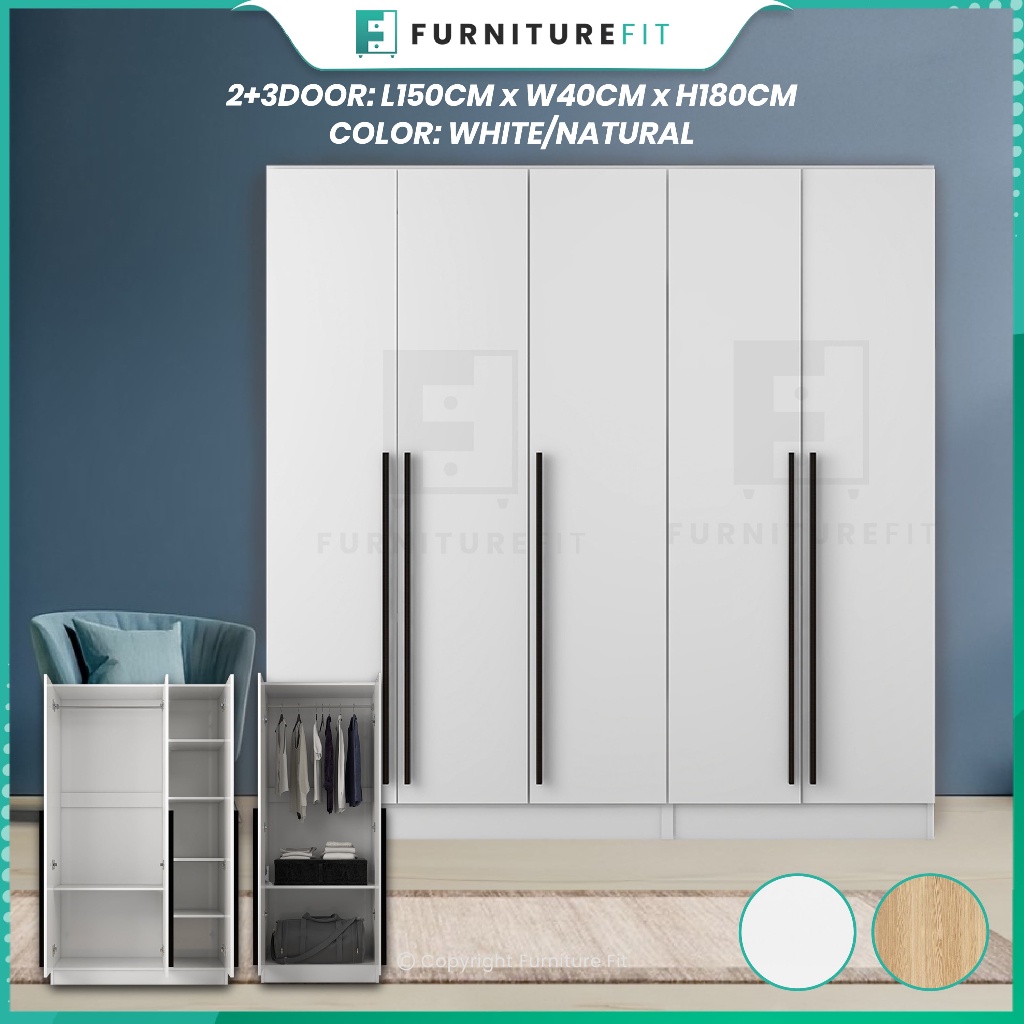 [COMBO] FurnitureFit 3+2 Door 5FT Wardrobe With Shelf | Almari 5 pintu ...